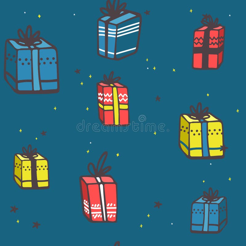 Seamless Pattern of Gift Boxes and Stars, White on Blue. Doodle Hand ...