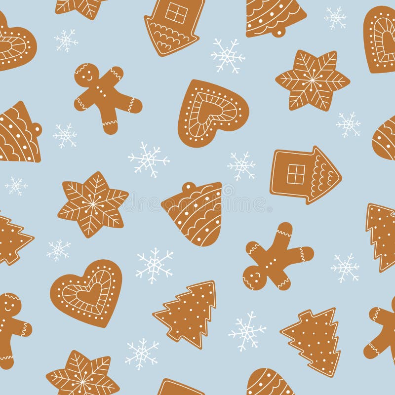 Seamless Pattern of Gingerbread Cookies. Winter Homemade Sweets on Blue ...