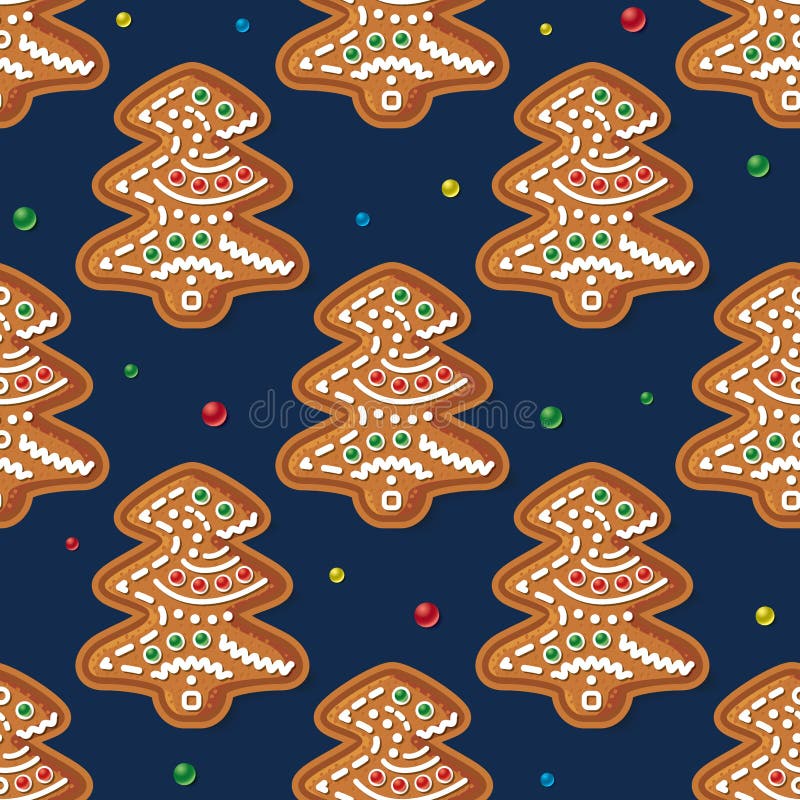 Seamless Pattern with Gingerbread Tree on Blue. Christmas Cookie Stock ...