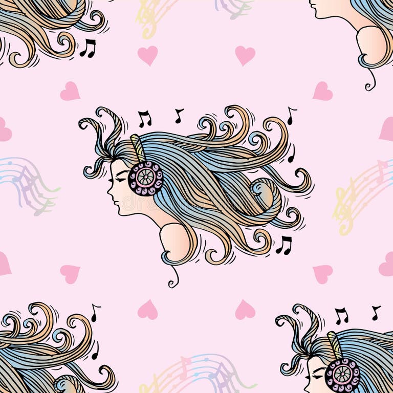Seamless Pattern with Girl and Music Notes. Stock Vector - Illustration ...