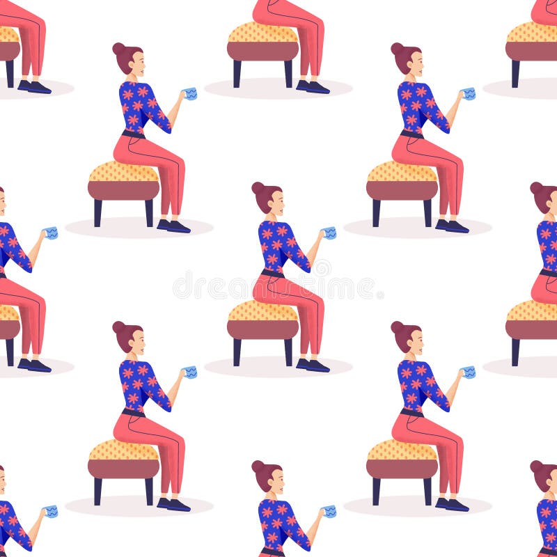 Seamless Pattern with Girl Sitting in Chair Stock Illustration ...