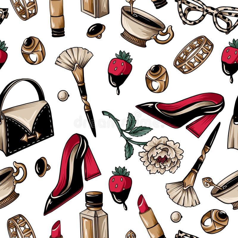 Seamless Pattern with Glamour Elements Such As Pearls, Shoes, Lipstick ...