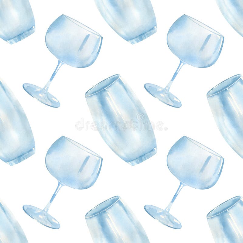 Seamless Pattern with Glasses. Watercolor Texture with Empty Wine or ...