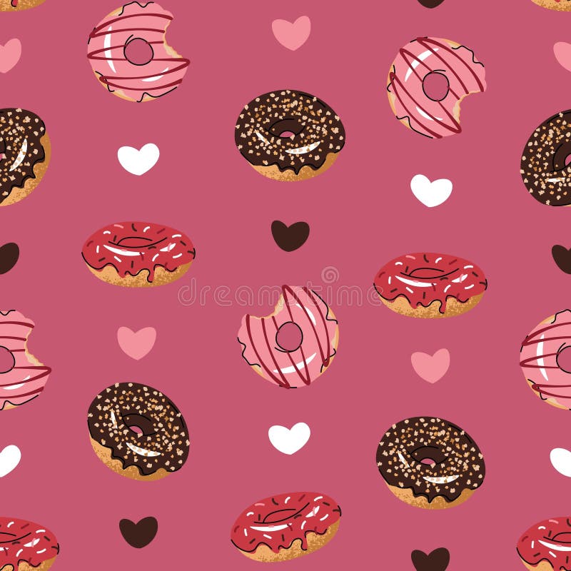Seamless Pattern with Glazed Donuts and Hearts. Repeating Texture with ...