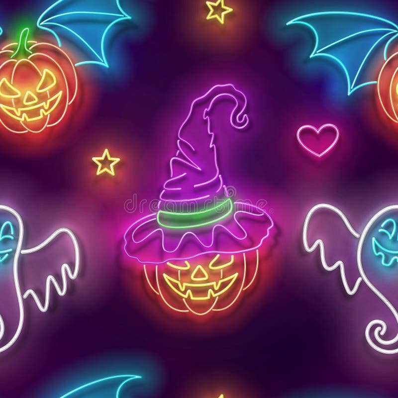 Seamless Pattern with Glow Witch Pumpkin in Hat, Vampire Pumpkin and ...
