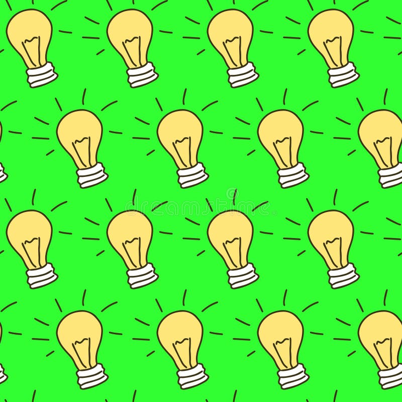 Seamless Pattern of Glowing Light Bulbs on Green Background. Concept of ...