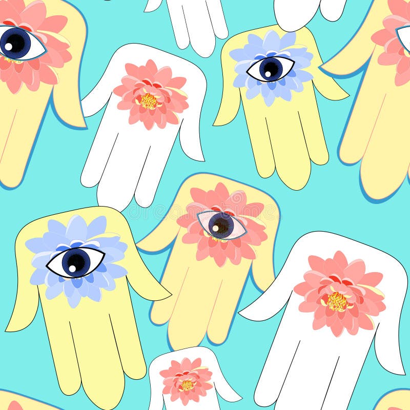 Seamless Pattern God Hamsa Hand Symbol Eye Islam Vector Illustr Stock ...