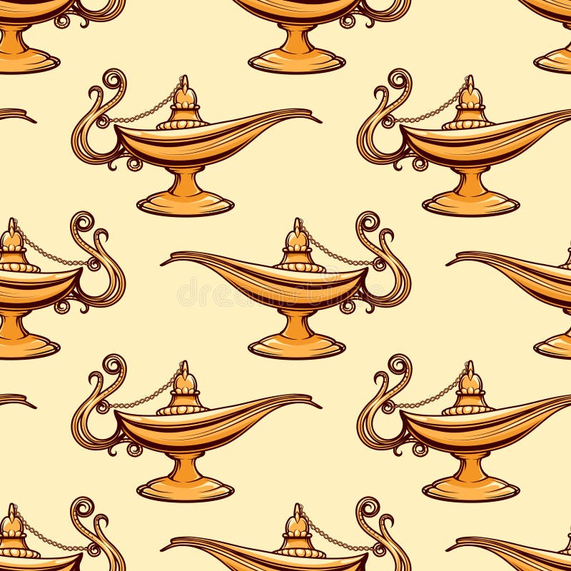 Seamless Pattern of Gold Aladdin Lamp Stock Vector - Illustration of ...