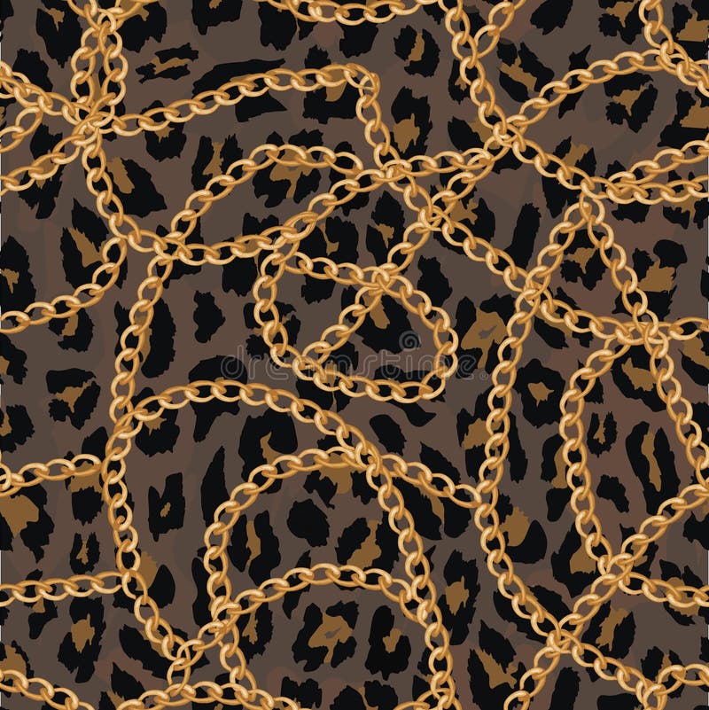 Seamless Pattern With Gold Chain On Lepard Skin Belt And Pearls