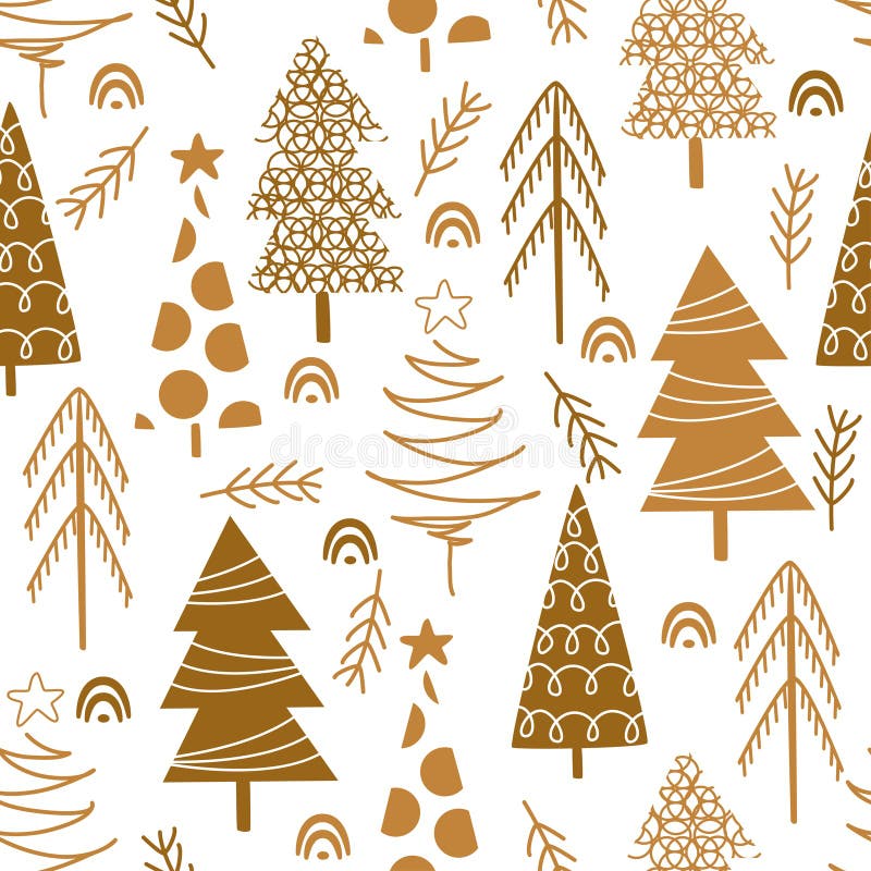 Seamless Pattern with Gold Christmas Trees on White Background - Vector ...