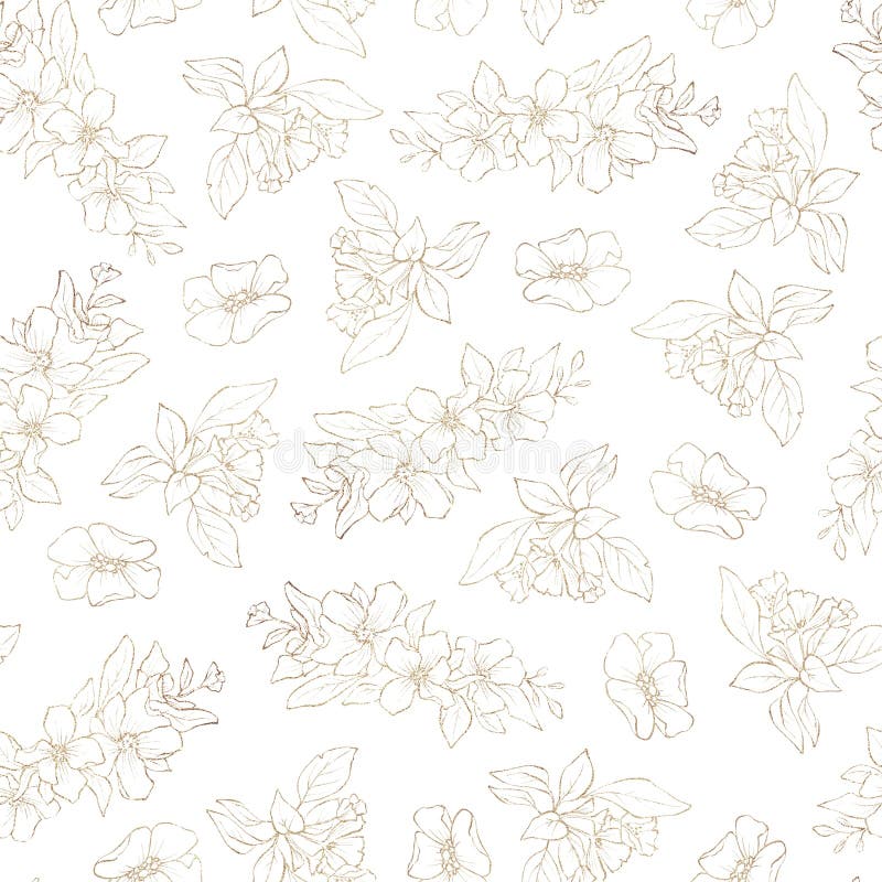 Seamless Pattern. Gold Outlines of Spring Flowers and Leaves Stock ...