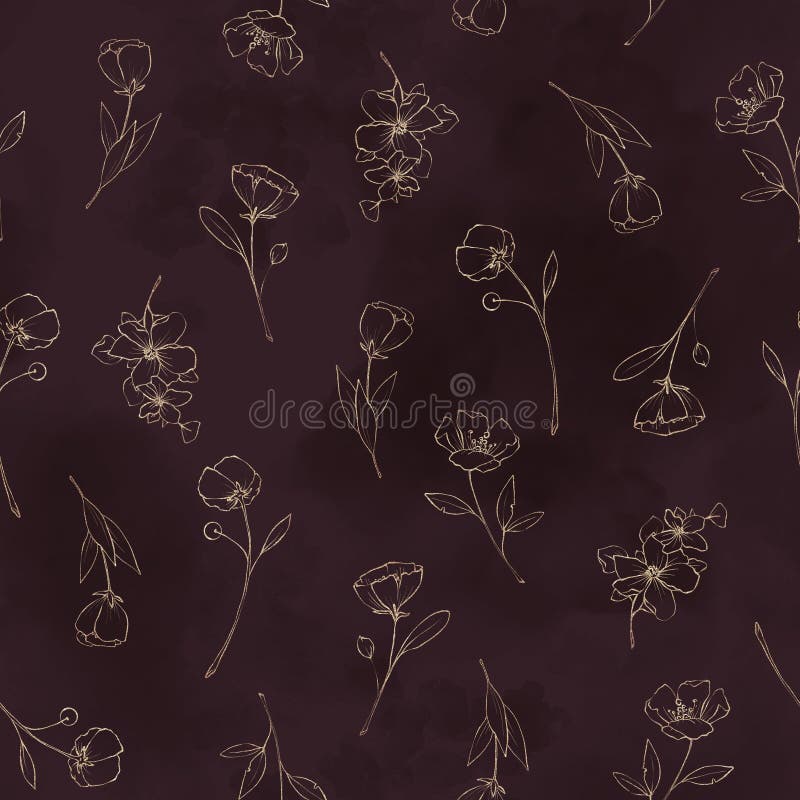 Seamless Pattern. Gold Outlines of Spring Flowers and Leaves Stock ...