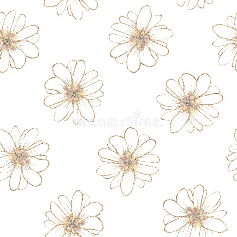 Seamless Pattern. Gold Outlines of Spring Flowers and Leaves Stock ...