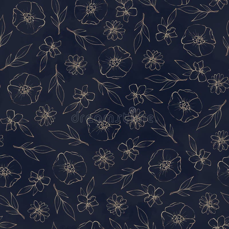 Seamless Pattern. Gold Outlines of Spring Flowers and Leaves Stock ...