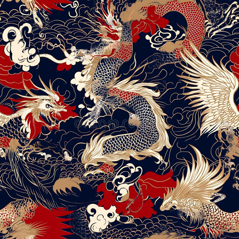 Seamless Pattern with Gold and Red Dragons in Clouds Stock Illustration ...