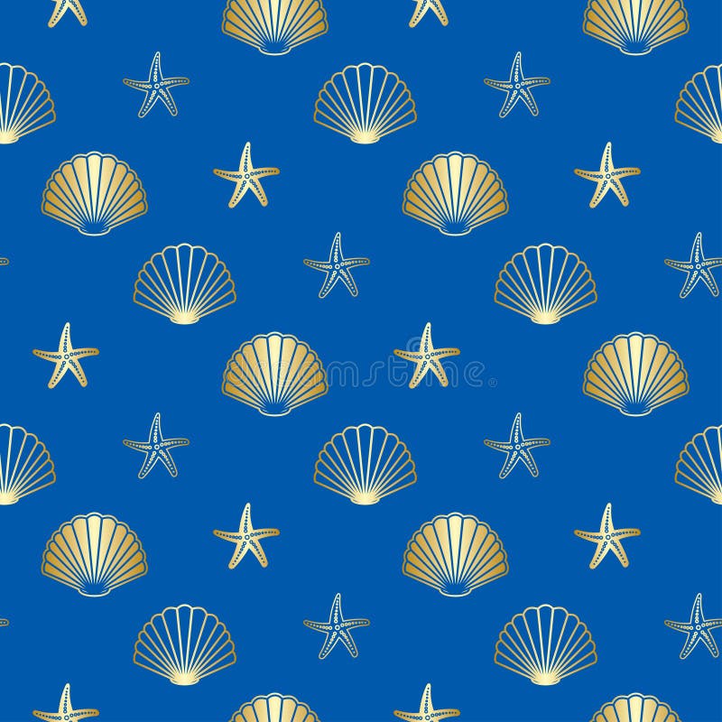 Seamless Pattern with Gold Seashells - Vector Blue Background Stock ...