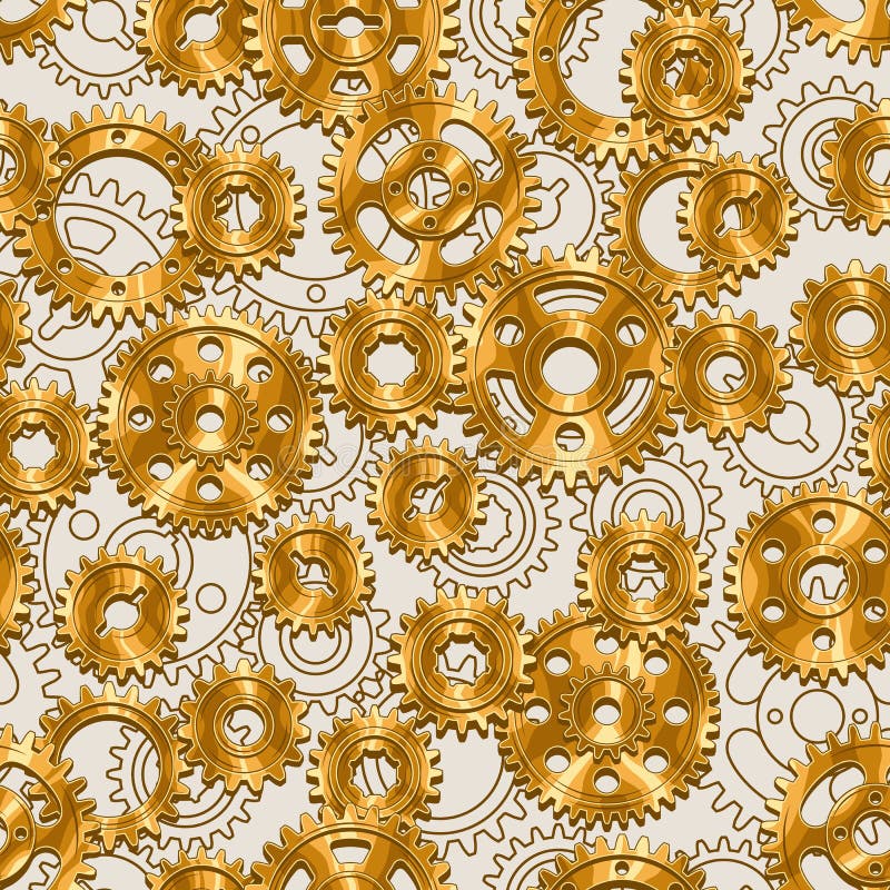 Seamless Pattern with Gold Shily Machine Gears and Linear Gears Behind ...