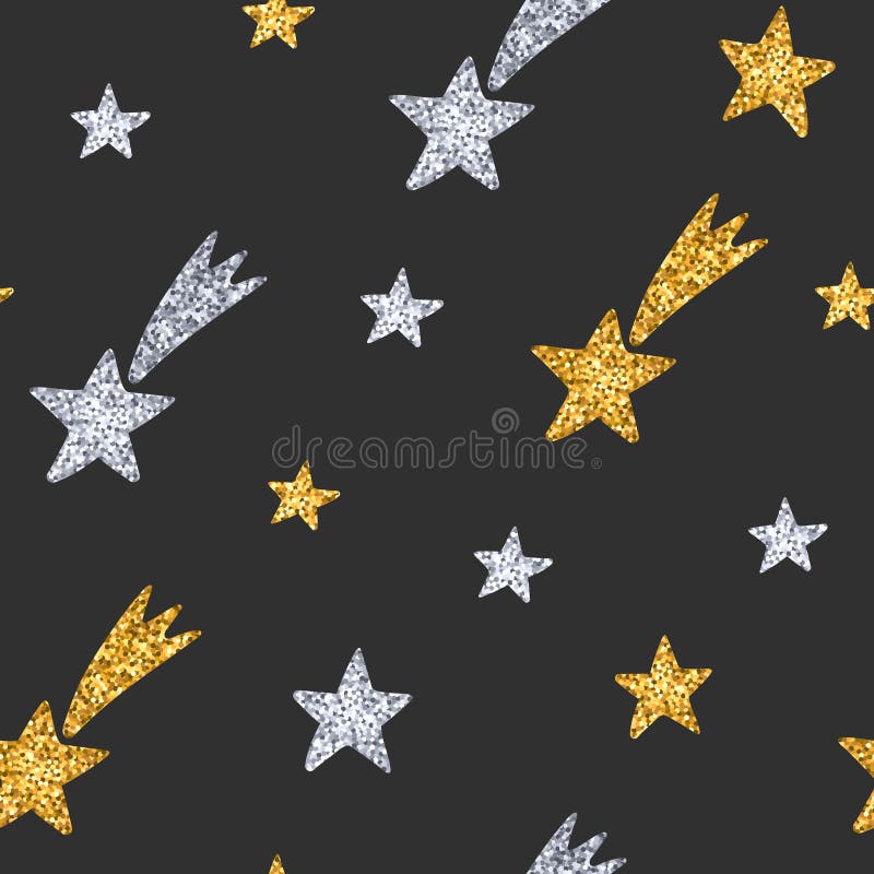 Seamless Pattern With Gold And Silver Glittering Stars On Black