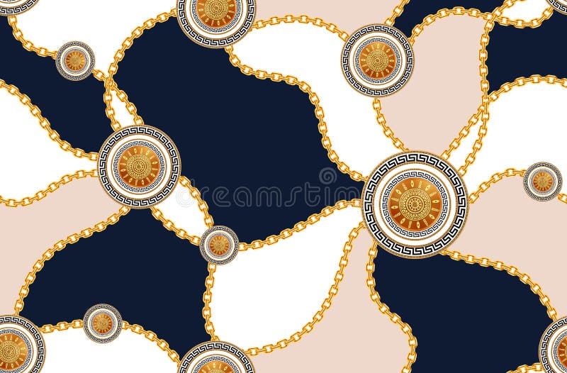 Seamless Pattern of Golden Chains and Motifs on Dark Blue Background ...