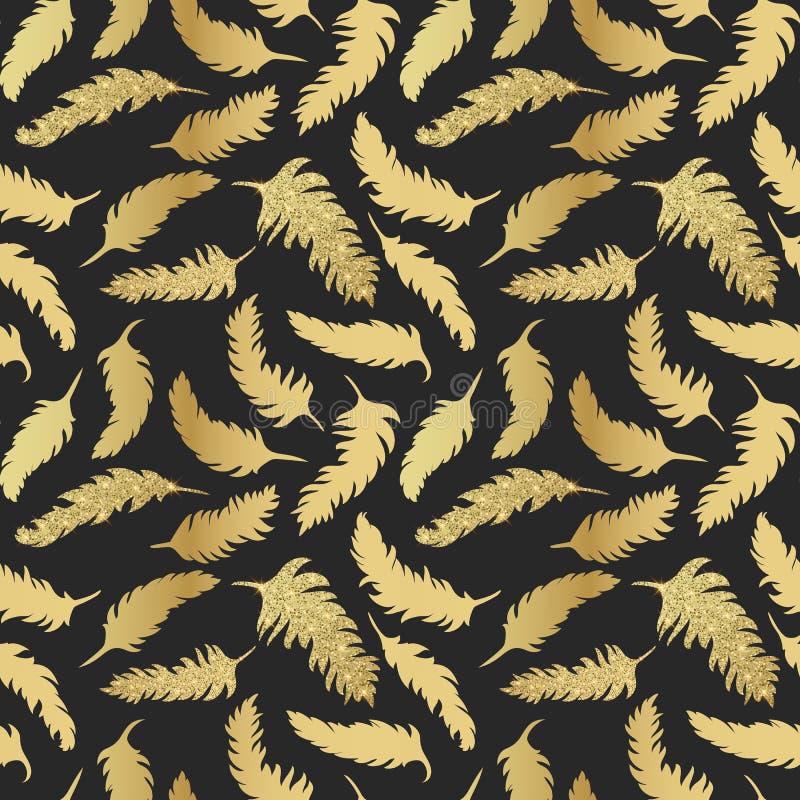 Seamless Pattern with Golden Feathers with Shiny Texture, Glitter ...
