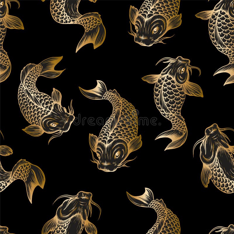 Seamless Pattern with Golden Fish Koi. Japanese Vintage Print. Stock ...