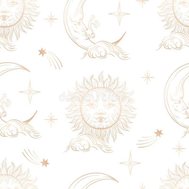 Seamless Pattern with Golden Graphic Sun and Moon. Vector. Stock Vector ...