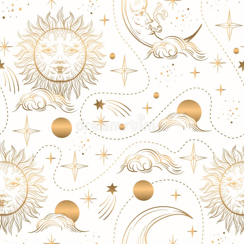 Seamless Pattern with Golden Graphic Sun and Moon. Vector. Stock Vector ...