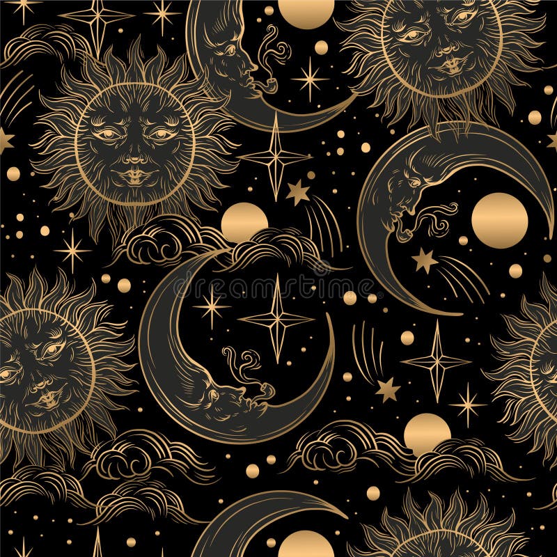 Seamless Pattern with Golden Graphic Sun and Moon. Vector. Stock Vector ...