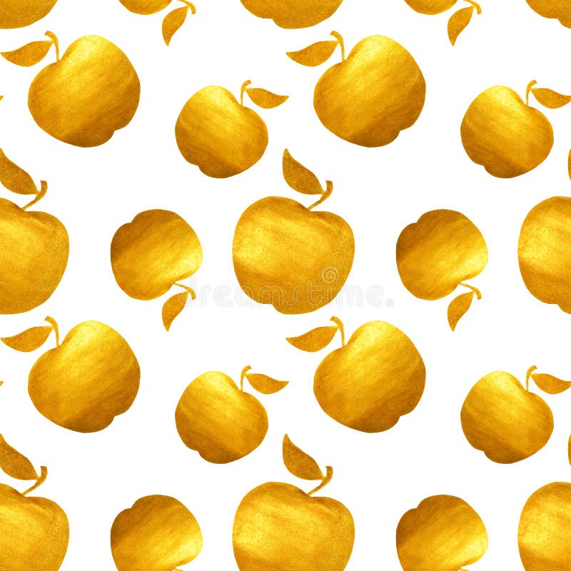 Seamless Pattern with Golden Hand-painted Apples on White Background ...