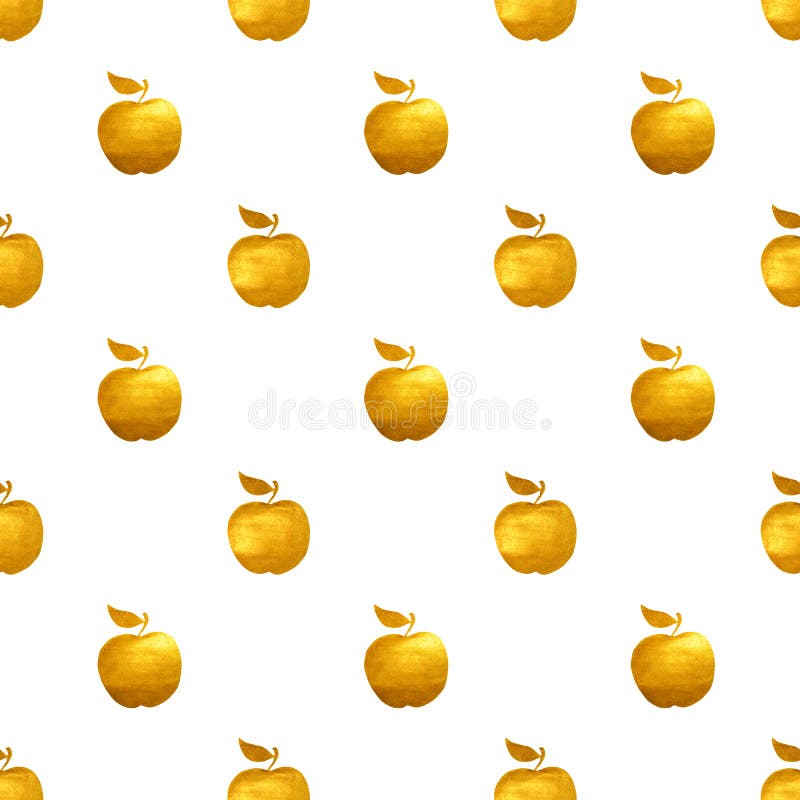 Seamless Pattern with Golden Hand-painted Apples on White Background ...