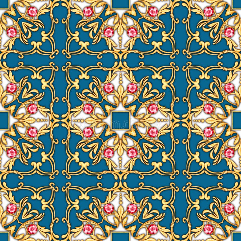 Seamless Pattern with Golden Scrolls and Gems Stock Illustration ...