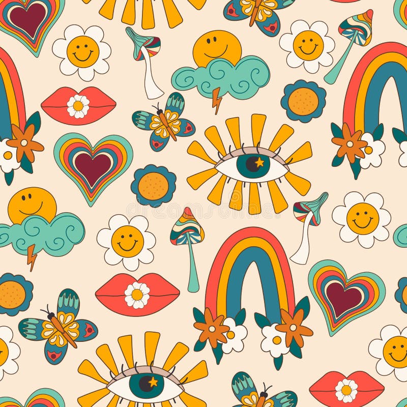 .Seamless Pattern of Good Vibes of 70s Psychedelic Groovy Trippy Stock ...