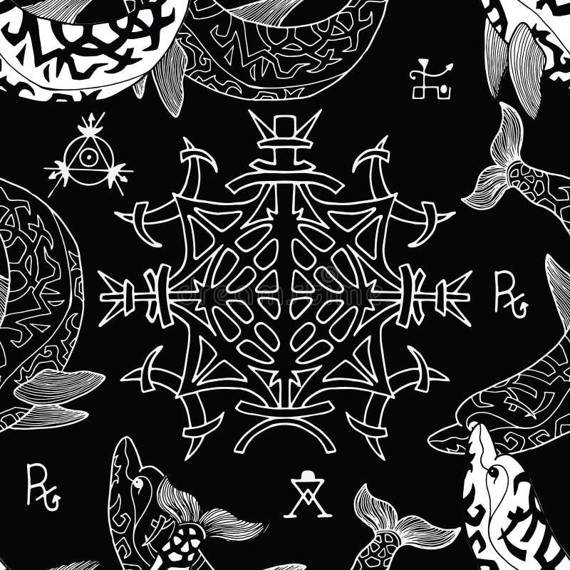 Seamless Pattern with Gothic Symbols and Dolphins on Black Stock Vector ...
