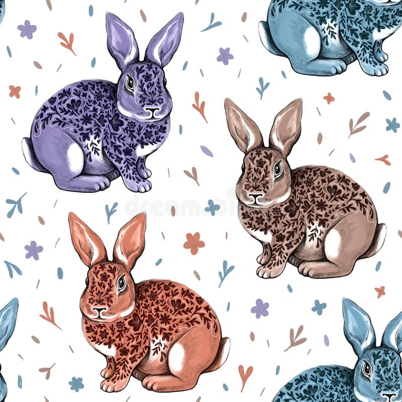 Seamless Pattern from Graphic Hand Drawn Rabbit. Stock Illustration ...