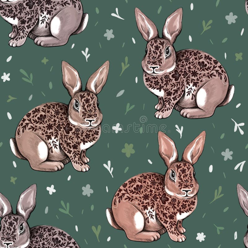 Seamless Pattern from Graphic Hand Drawn Rabbit. Stock Illustration ...