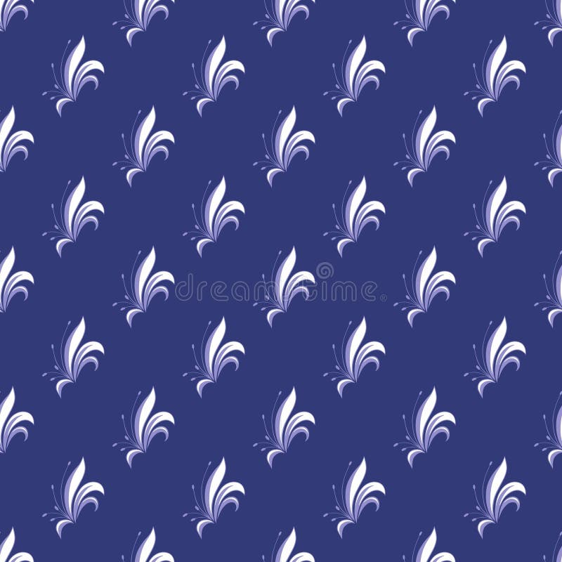 Seamless Pattern with Graphic Lilies in Fine Line Art Lilac on Blue ...