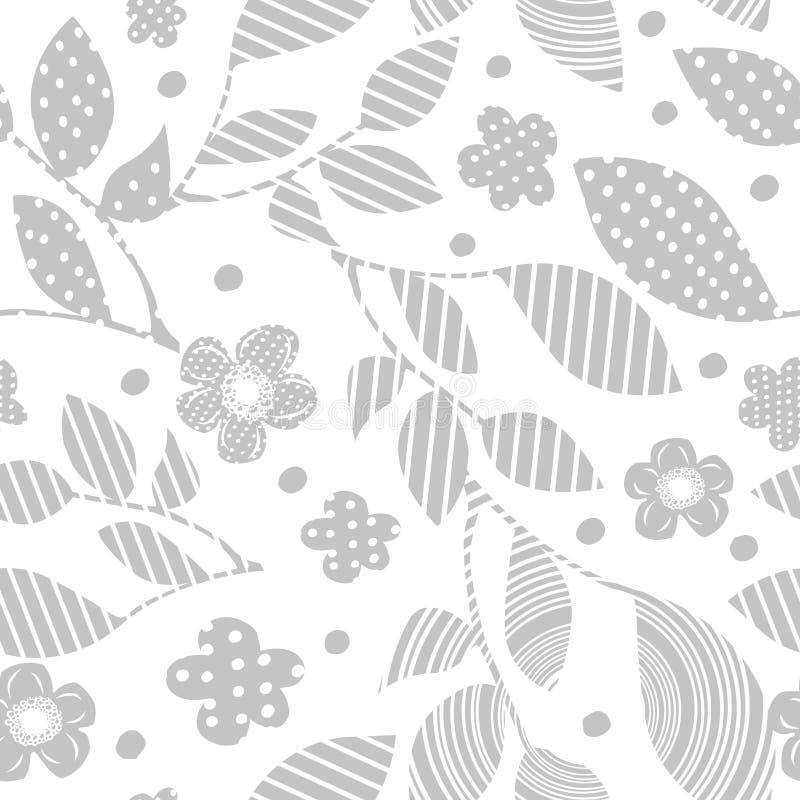 Seamless Pattern of Gray Decorative Tree Leaves and Flowers. Hand ...