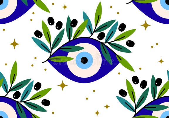 Seamless Pattern with Greek Olive Leaf on Evil Eye. Symbol of Greece ...