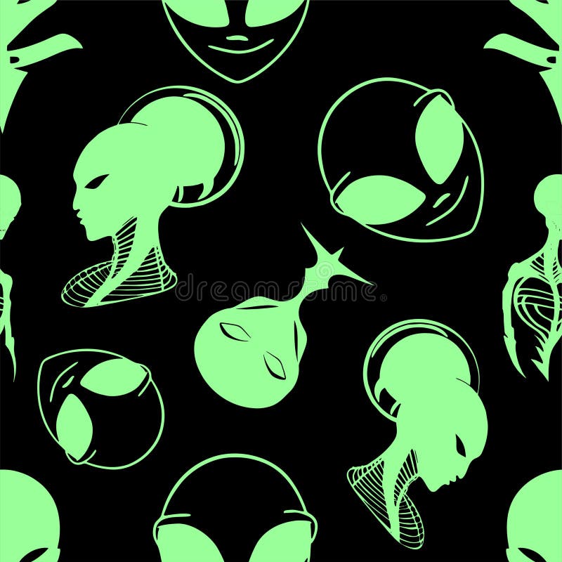 Seamless Pattern Green Graphic Aliens on Black Background, Texture ...
