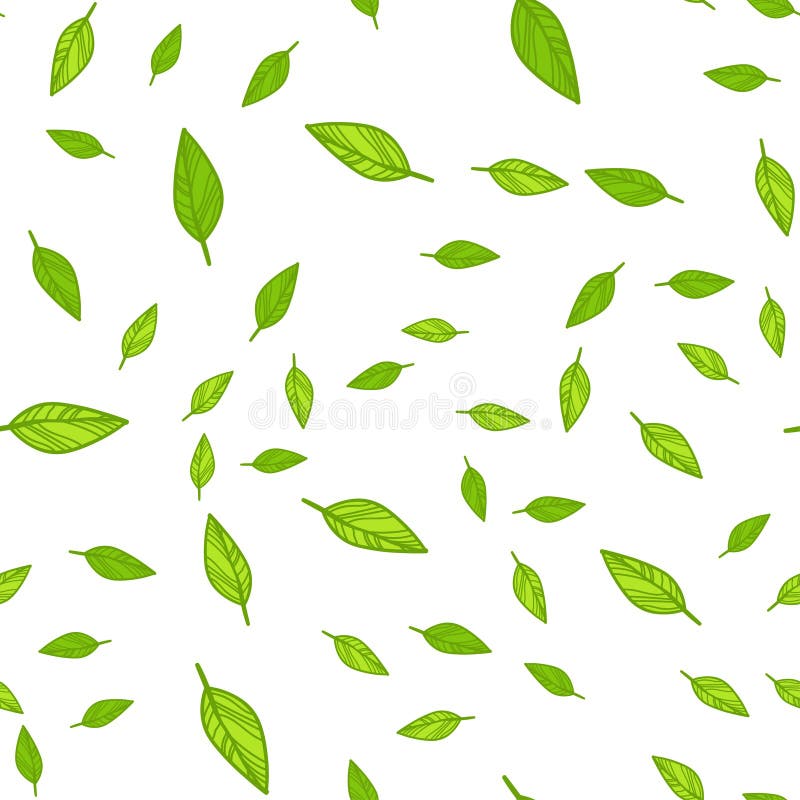 Seamless Pattern of Green Leaves Doodle Stock Vector - Illustration of ...