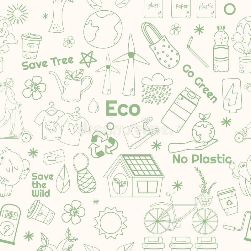 Seamless Pattern Green Outline Doodle Eco Friendly Stock Vector ...