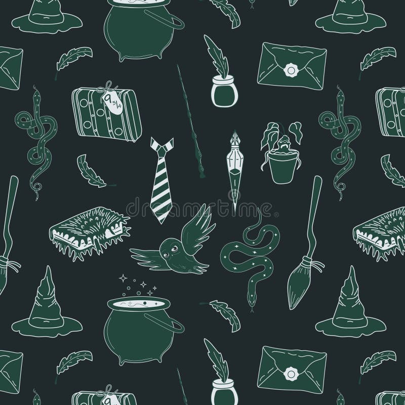 Seamless Pattern with Green Set of Magical Things from a Wizard School ...