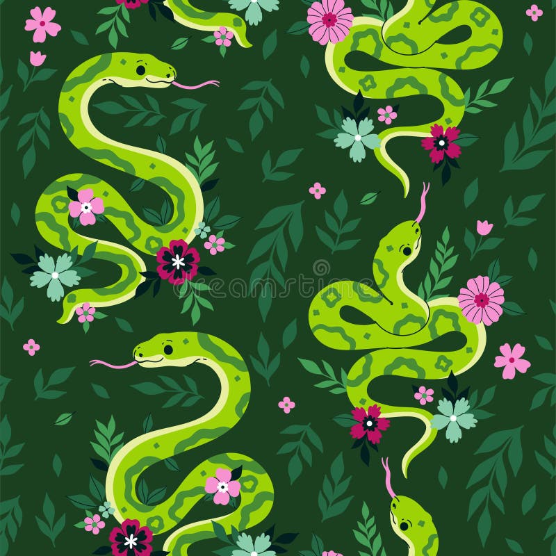 Seamless Pattern with Green Snakes and Flowers. Vector Graphics Stock ...