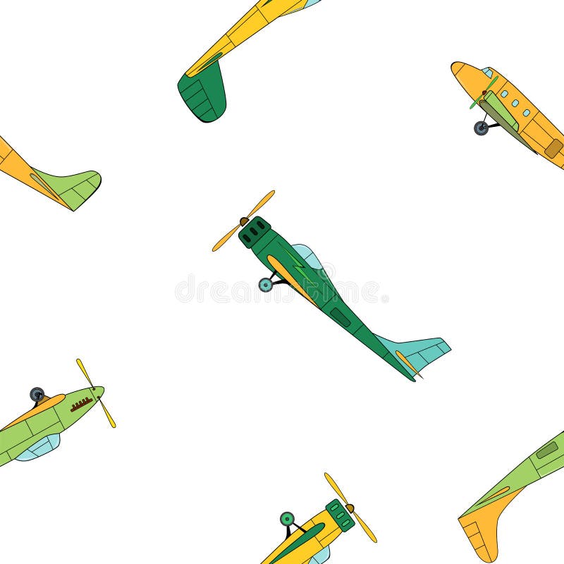 Seamless Pattern with Green and Yellow Vintage Planes in Cartoon Style ...