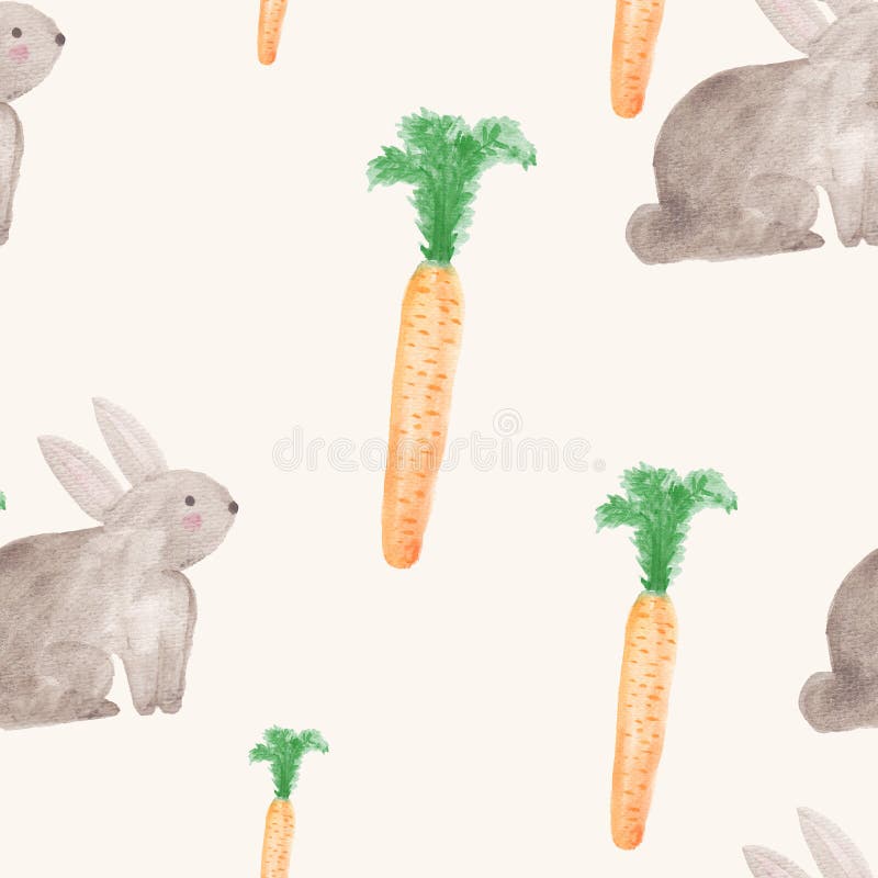 Seamless Pattern of Grey Water Color Hand Drawn Rabbit and Carrots ...