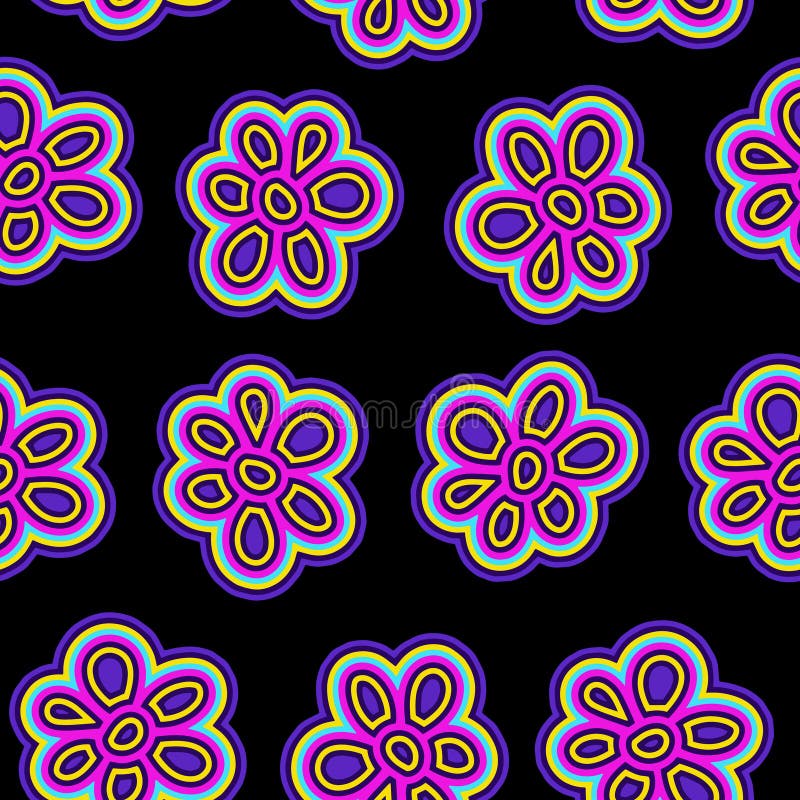 Colorful Groovy Hippie Pattern with Geometric Flower Shapes on Black ...