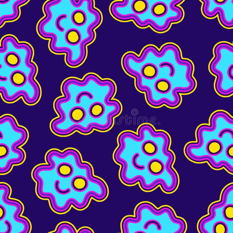 Colorful Groovy Hippie Pattern with Geometric Smile Shapes on Blue ...