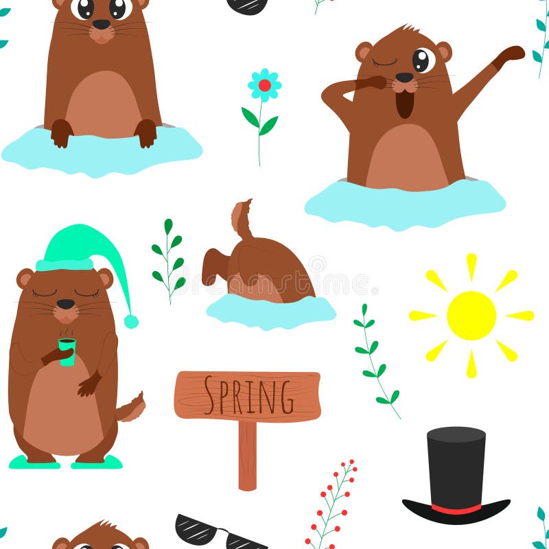 Seamless Pattern of Groundhog Day Illustrations. Vector Cartoon ...