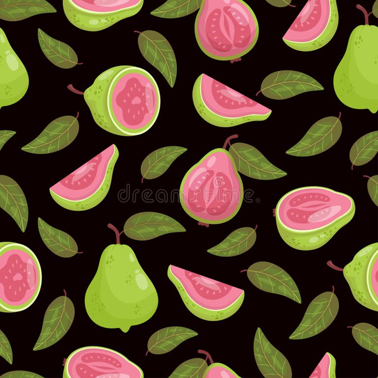 Seamless Pattern Guava Fruit Tree on Black Background with Leaves ...