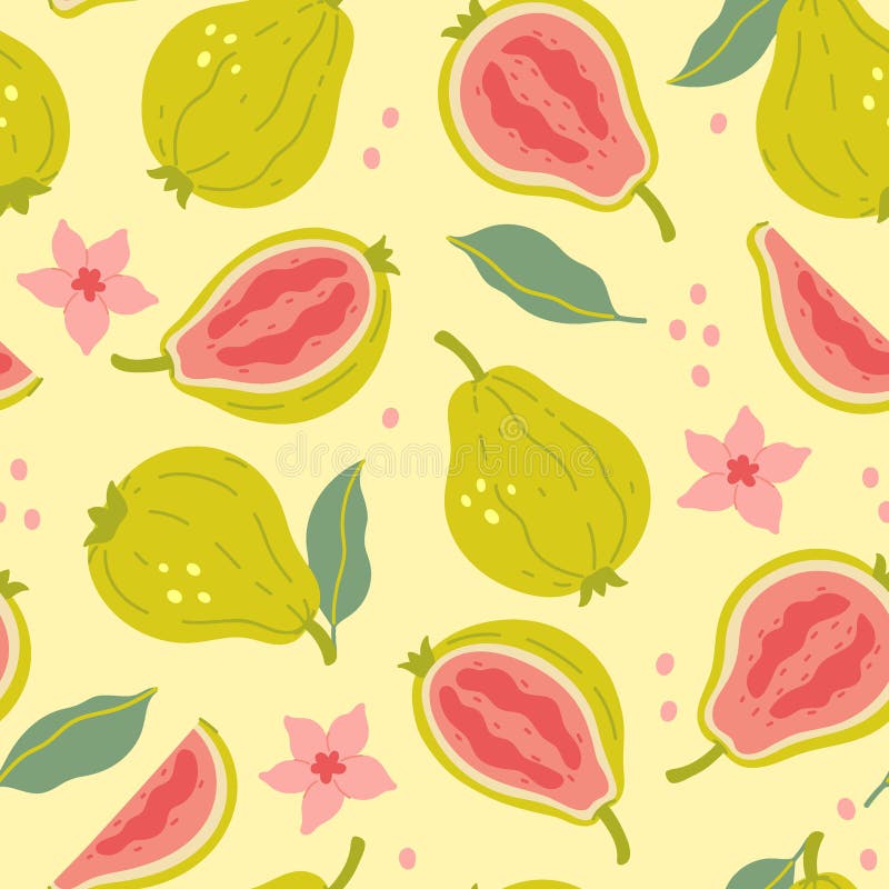 Seamless Pattern with Guava Fruits, Leaves and Flowers. Vector Graphics ...